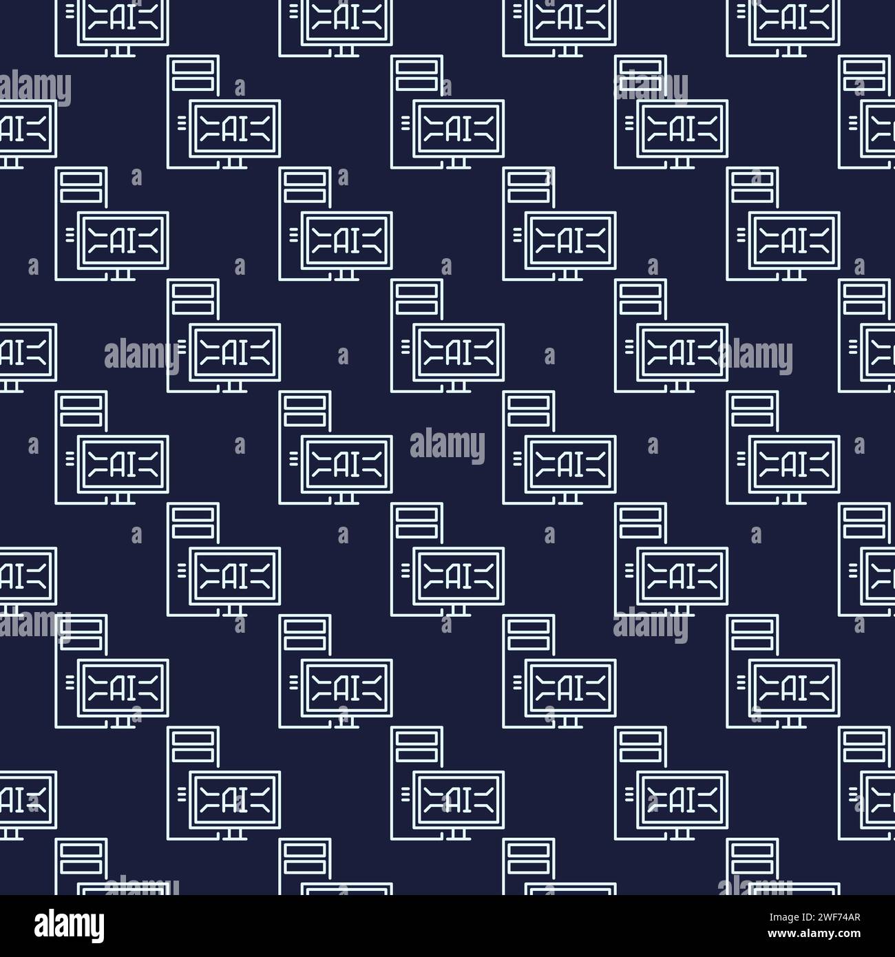 Artificial Intelligence Desktop Computer vector AI concept blue seamless pattern in thin line ...