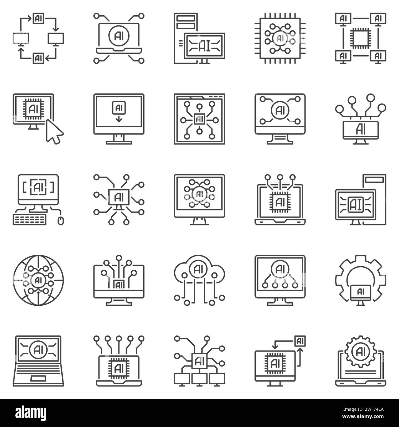 Computer with AI outline icons set - Artificial Intelligence in PC Digital Technology concept ...