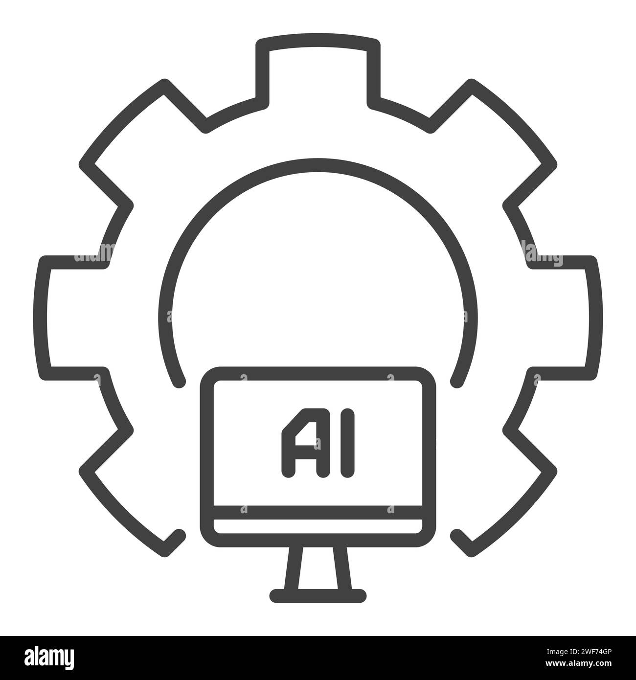 Artificial Intelligence Computer inside Cog Wheel vector AI concept icon or sign in thin line ...