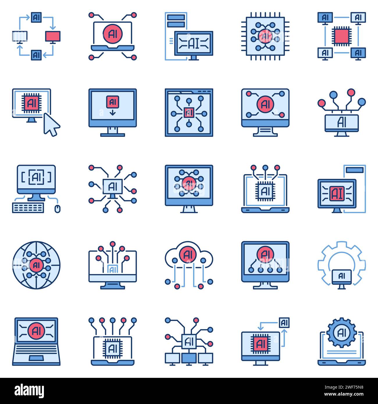 Artificial Intelligence Computer colored icons set. AI PC Technology ...