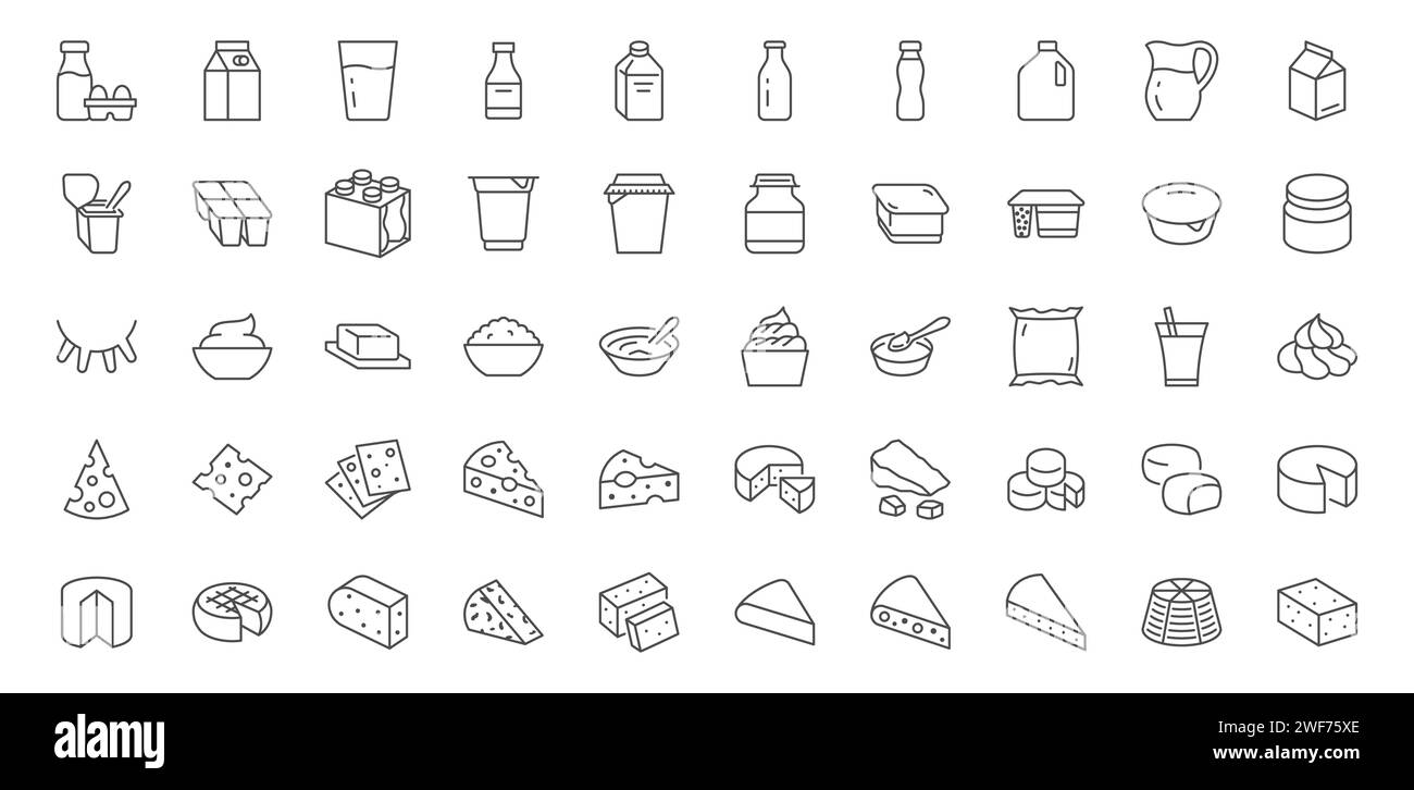 Dairy products line icon set. Cottage cheese, sour cream, porridge ...
