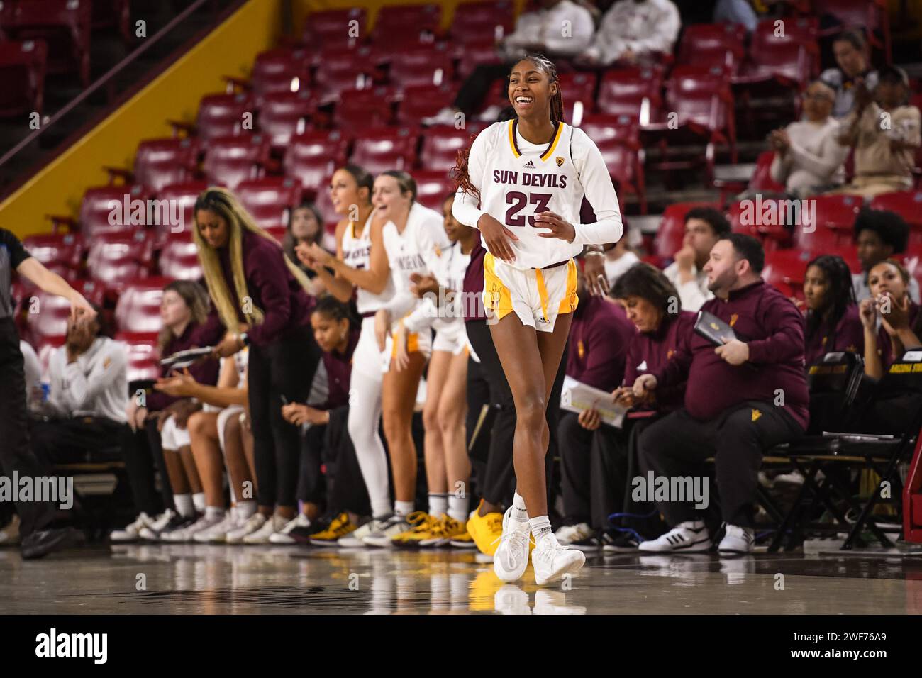 Arizona State Sun Devils guard Jalyn Brown (23) smiles after shooting a ...