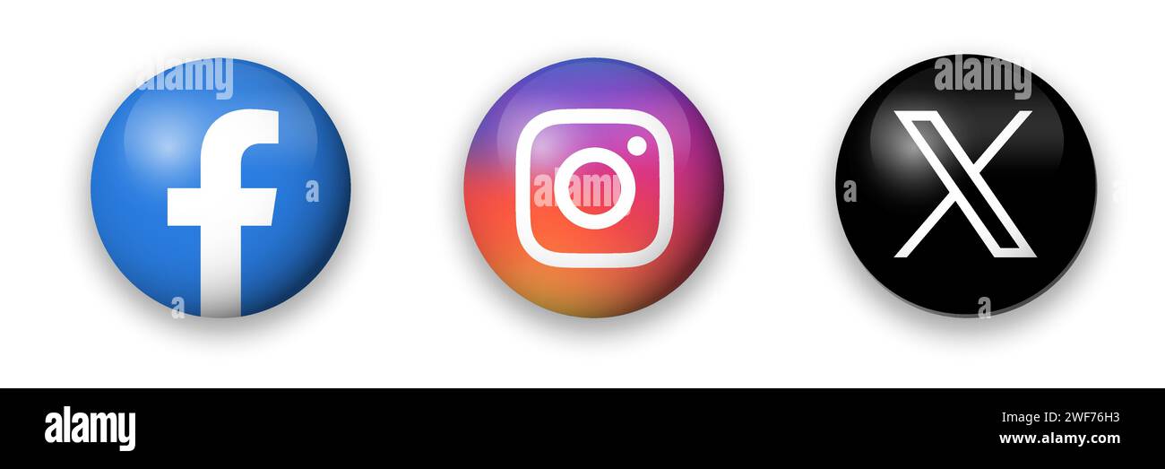 Social media app icon set. Facebook, Instagram and X, former Twitter ...