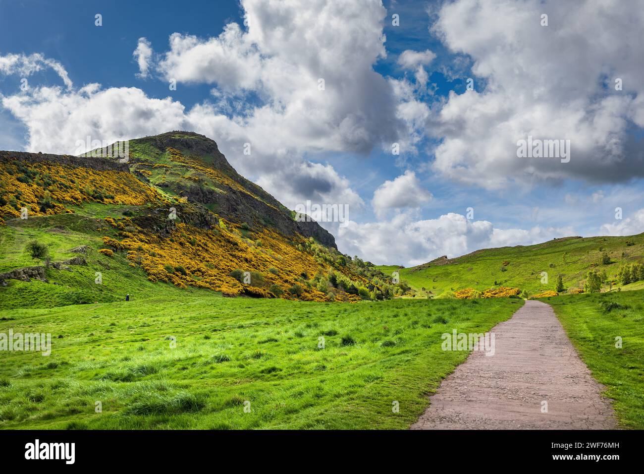 Landscape with Arthur's Seat in Holyrood Park and footpath through ...