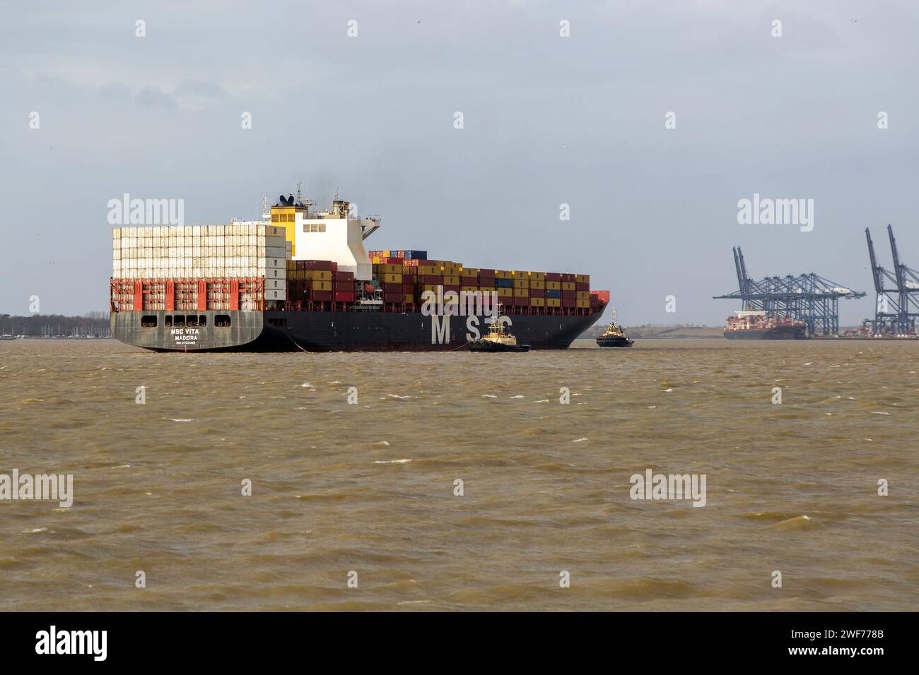 MSC Vita container ship arriving at Port of Felixstowe, Suffolk ...