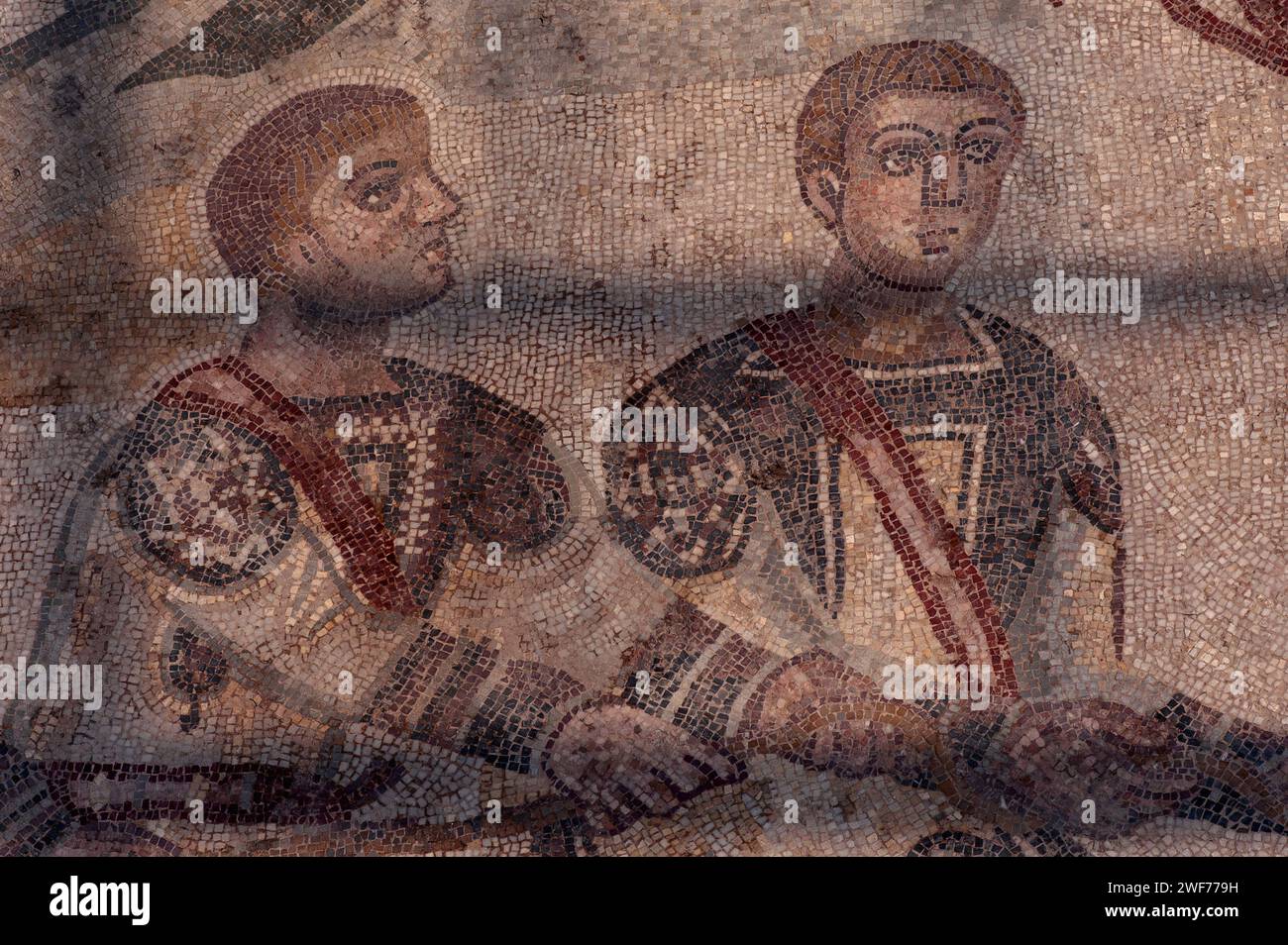 Two hunters in detail from Late Roman mosaic in the Corridor of the ...