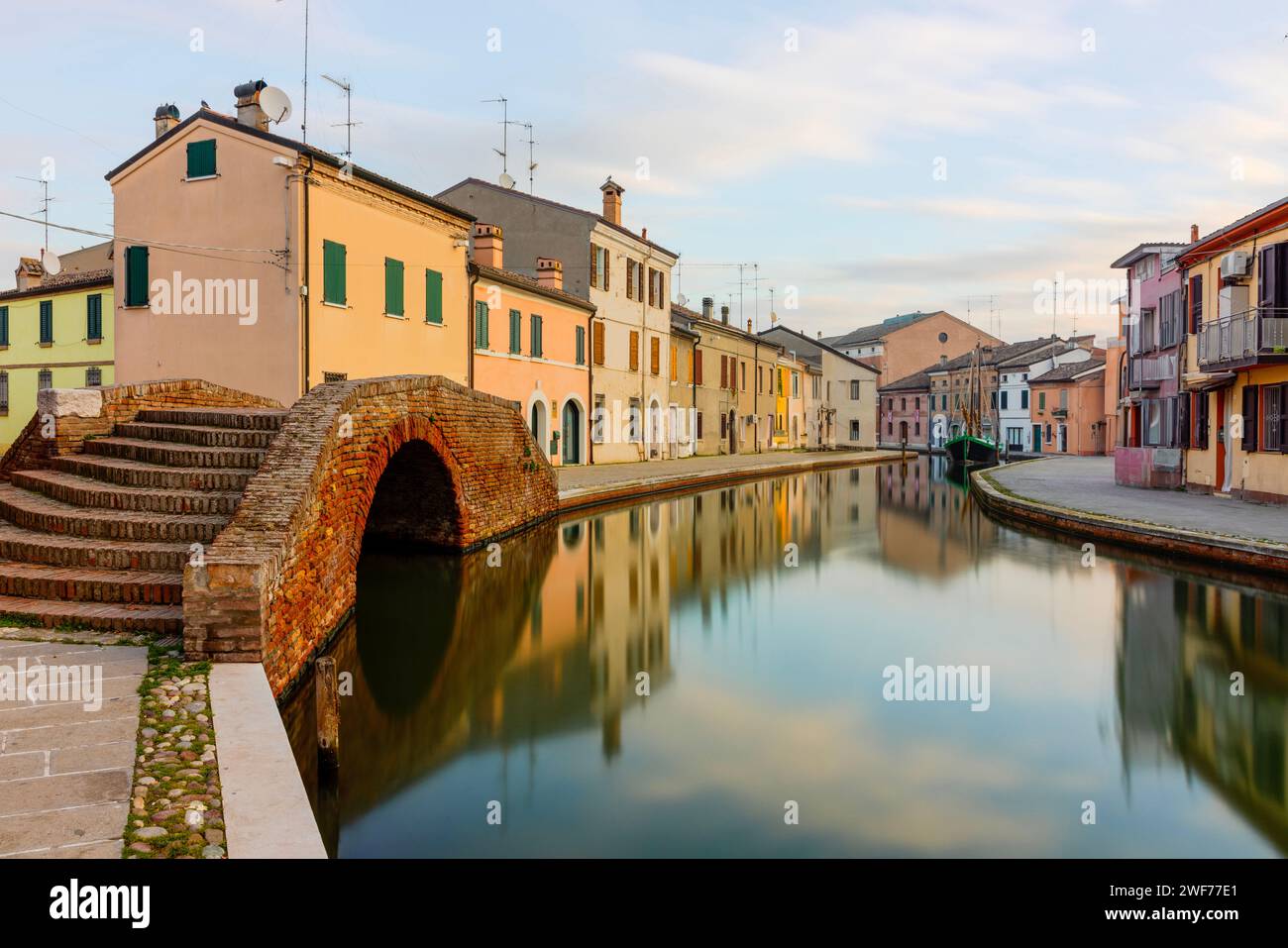 The venetian-style town of Comacchio with its canals and bridges in the ...