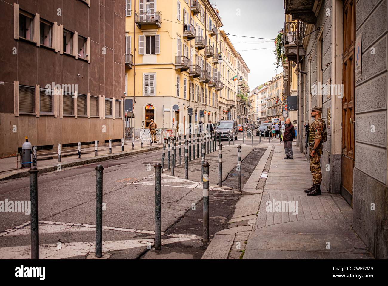 Italian military personnel standing guard in the San Salvario district ...