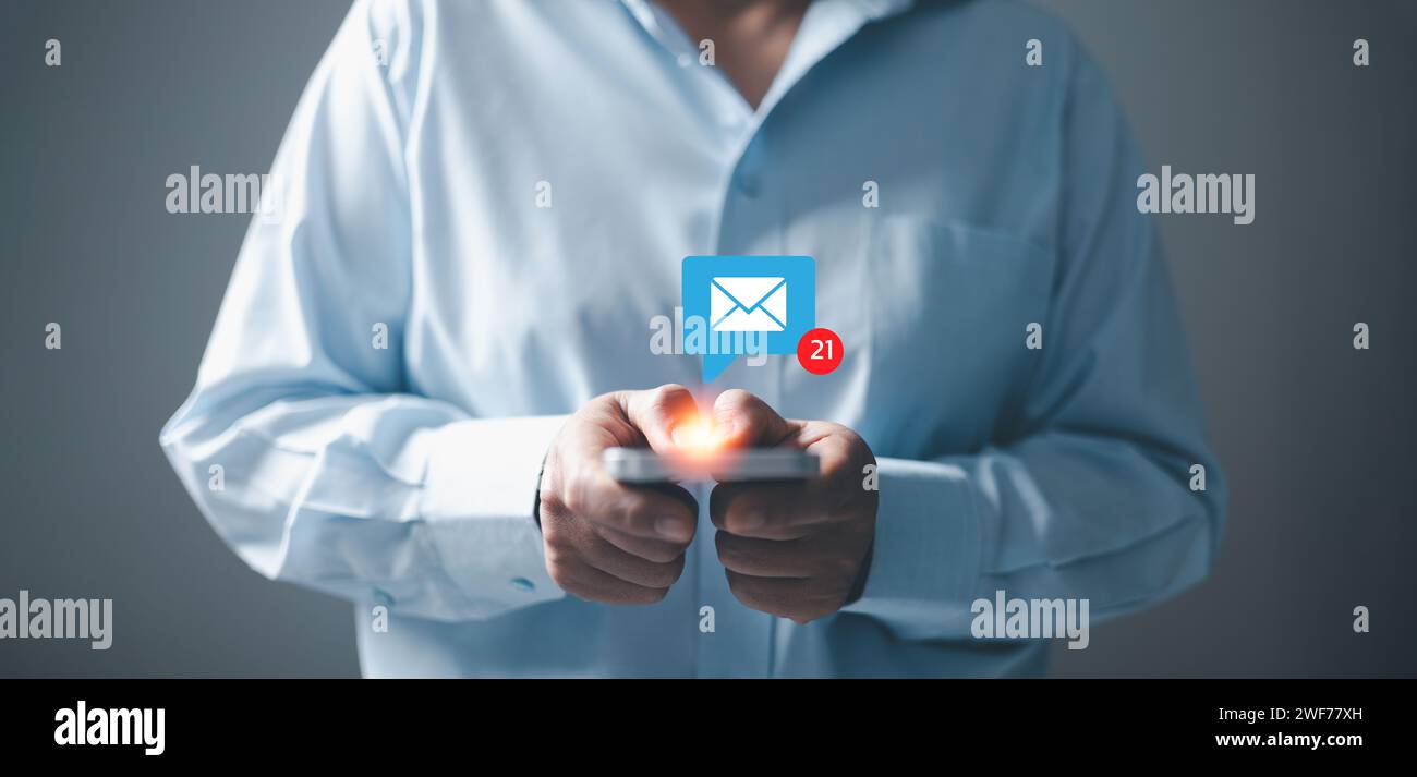 Inbox receiving electronic message alert. Business people touch on email in virtual screen. New ...