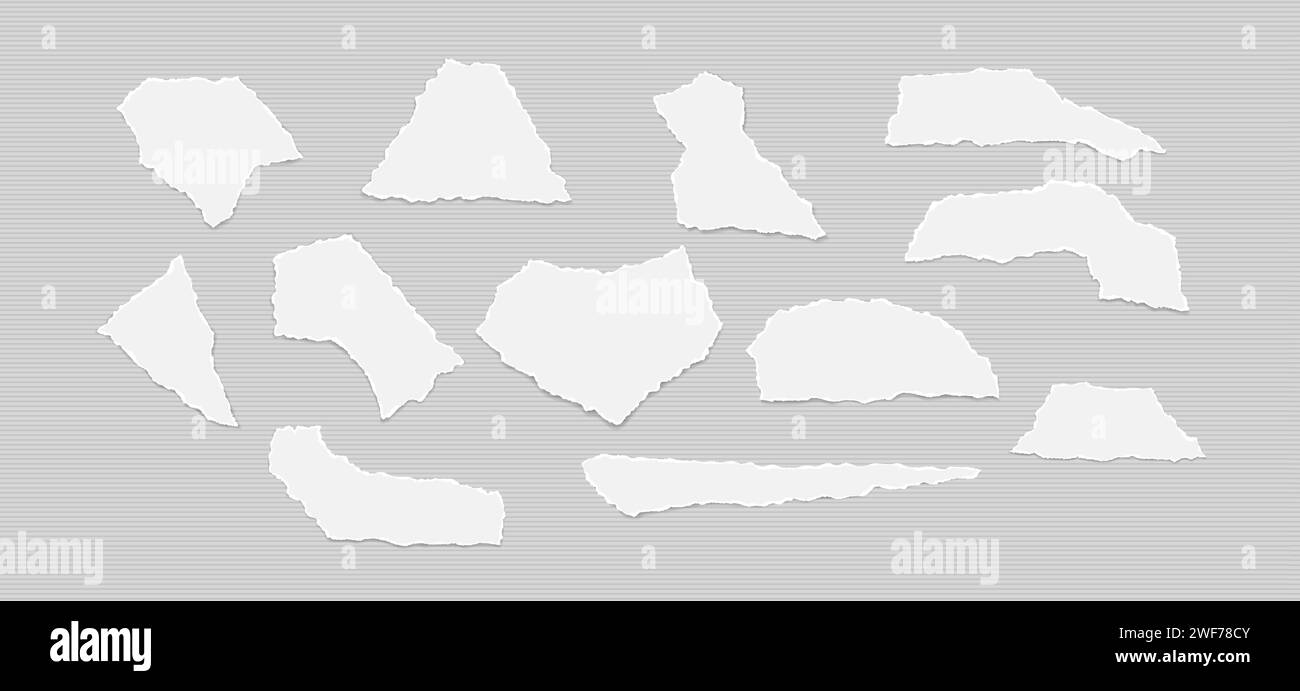 Set of torn, ripped paper strips with soft shadow are on lined grey ...