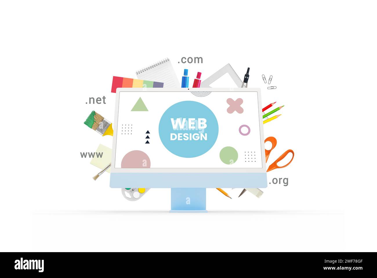 Web design studio computer surrounded by flying design items and tools ...