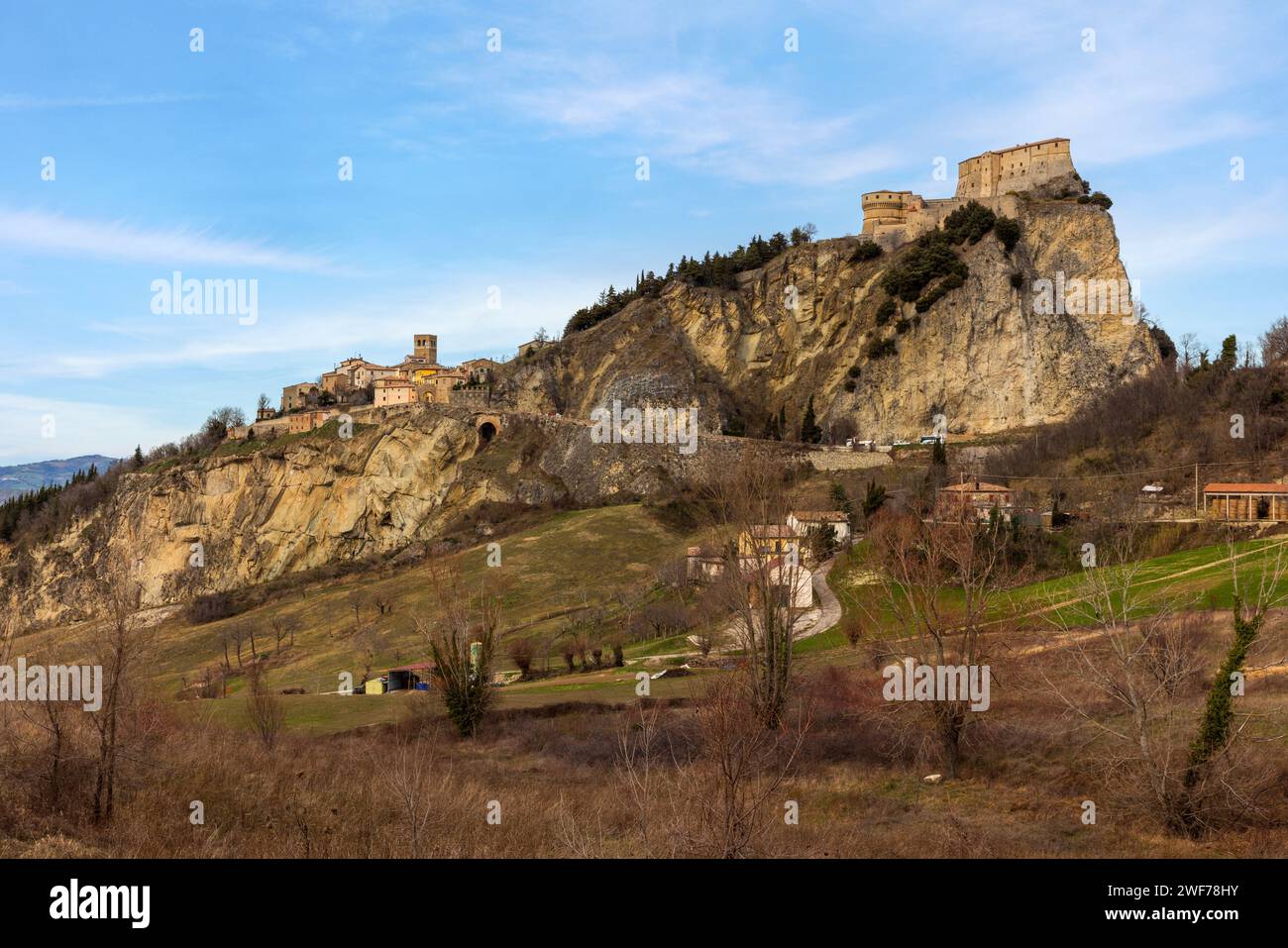 The medieval hilltop village of San Leo, Province of Rimini, Emilia ...