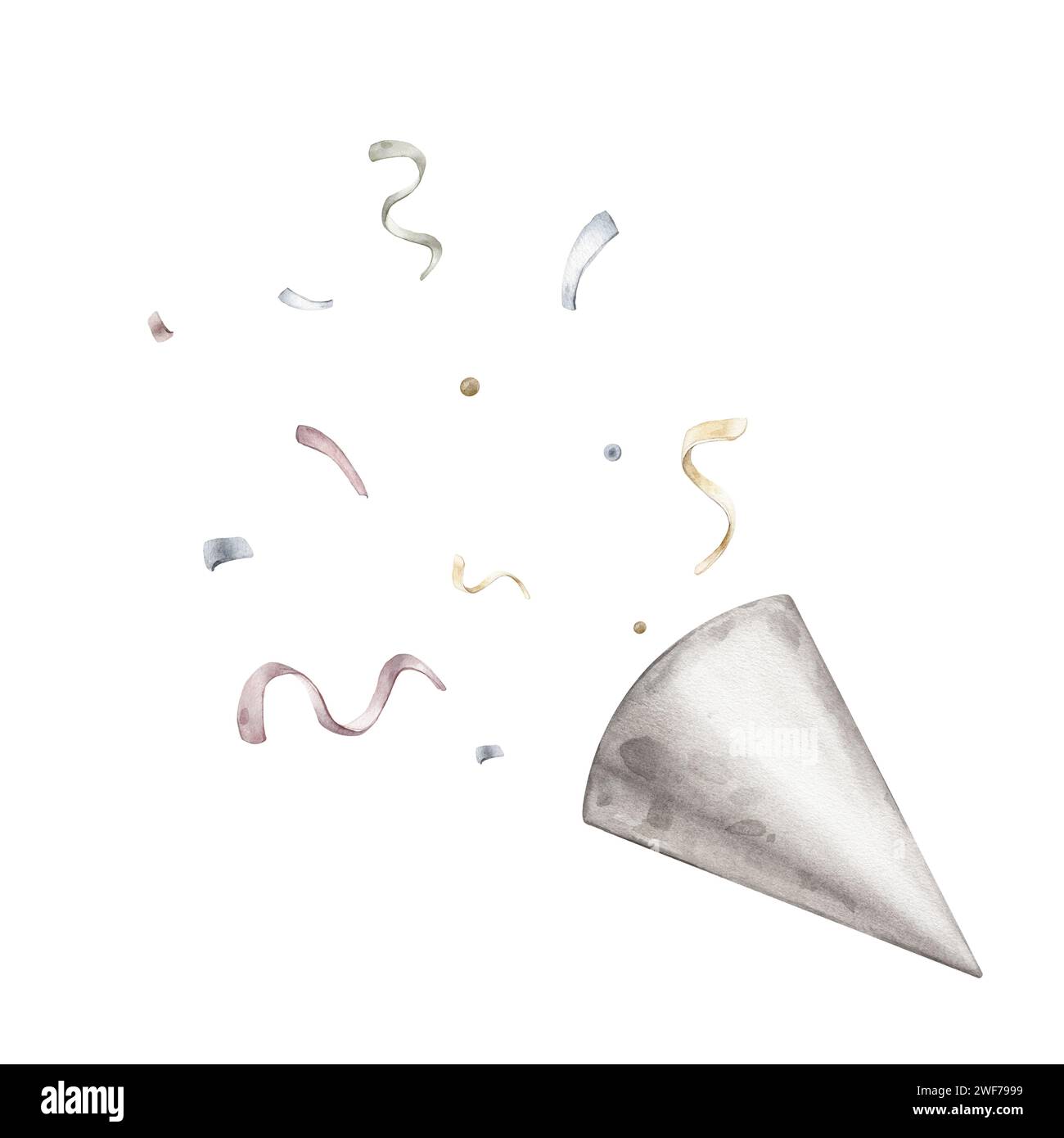 Watercolor hand drawn party silver popper and exploding confetti ...