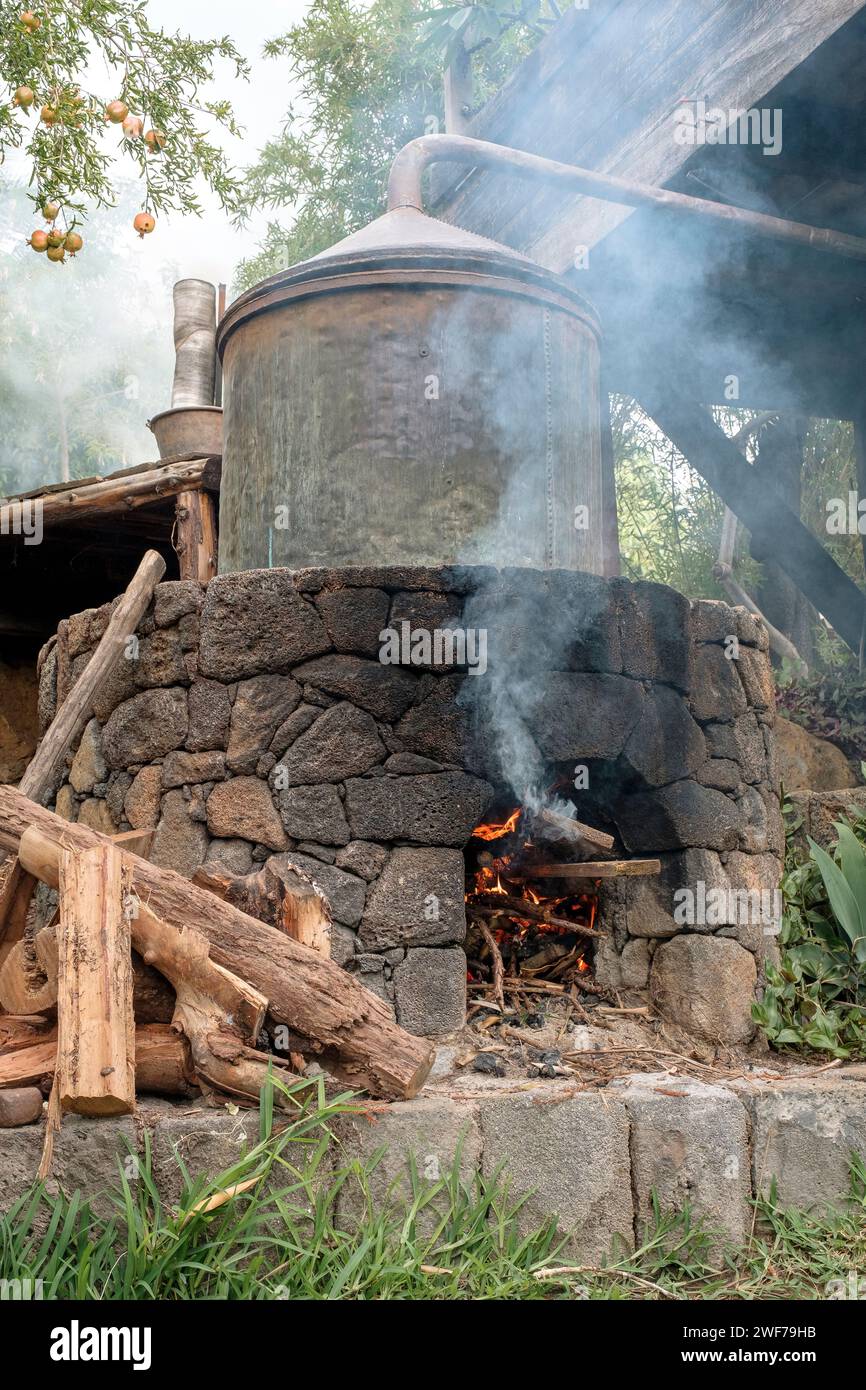 Traditional Outdoor Distillery Operating in a Rustic Setting, on ...