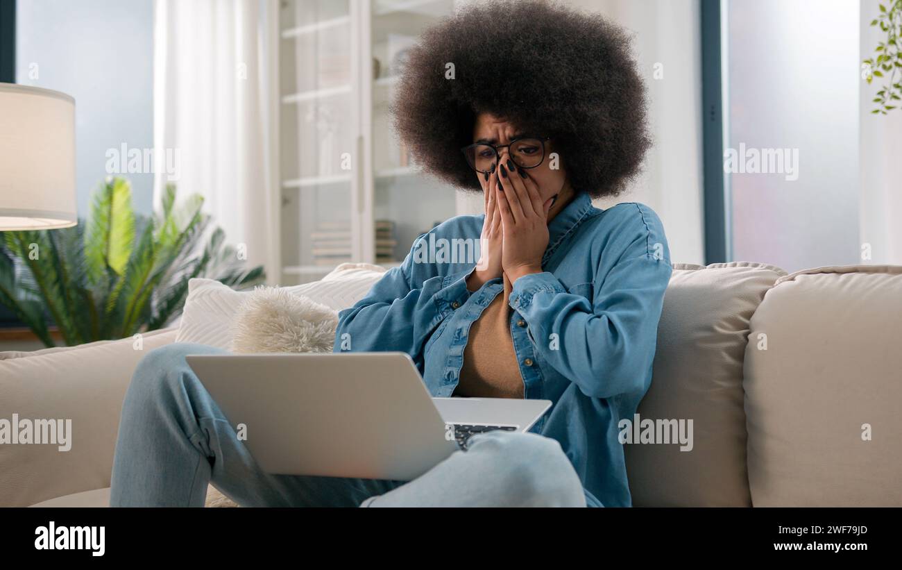 Shocked African American woman negative bad emotion sad upset worried ...