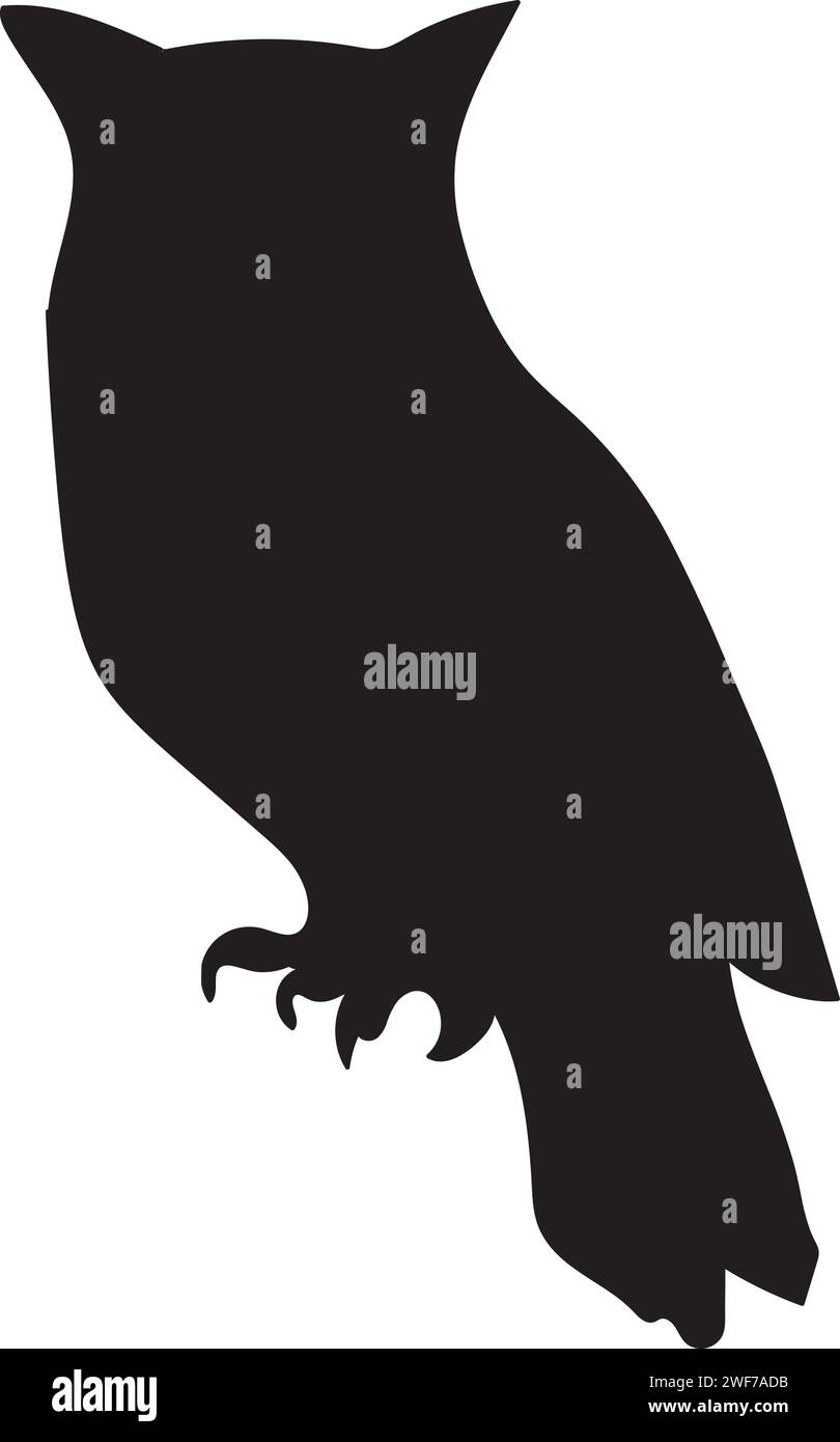 Black silhouette sitting owl bird body, fairy tale Halloween character ...