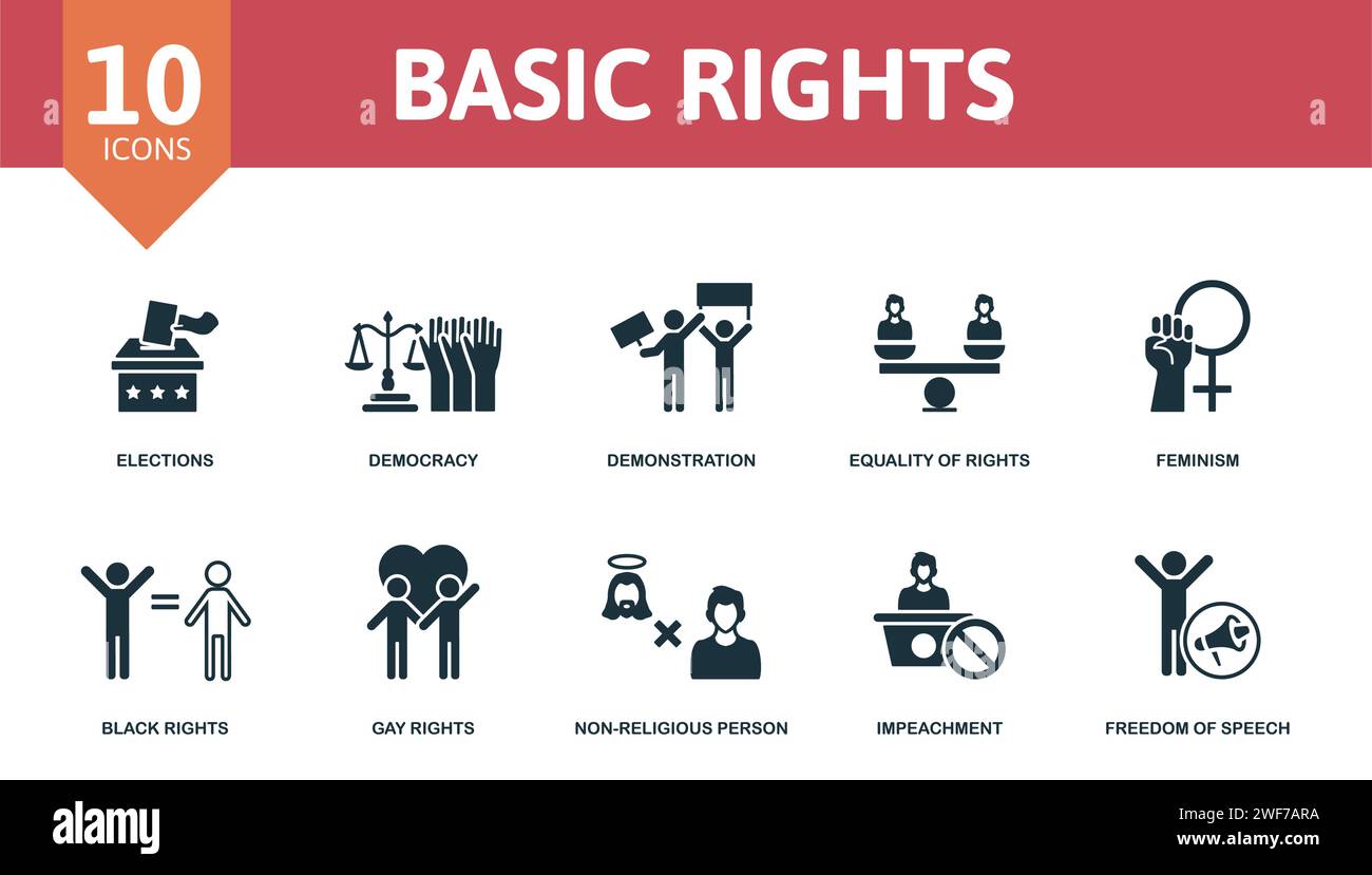 Basic Rights set icon. Editable icons basic rights theme such as elections, demonstration ...