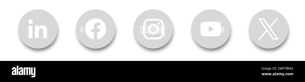 Social media app icon set. LinkedIn, Facebook, Instagram, Youtube and X, former Twitter. Circle ...