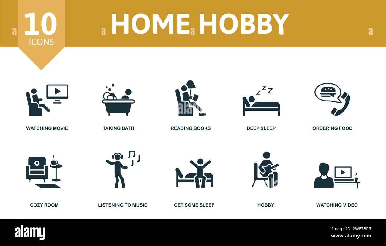 Home Hobby set icon. Editable icons home hobby theme such as watching ...