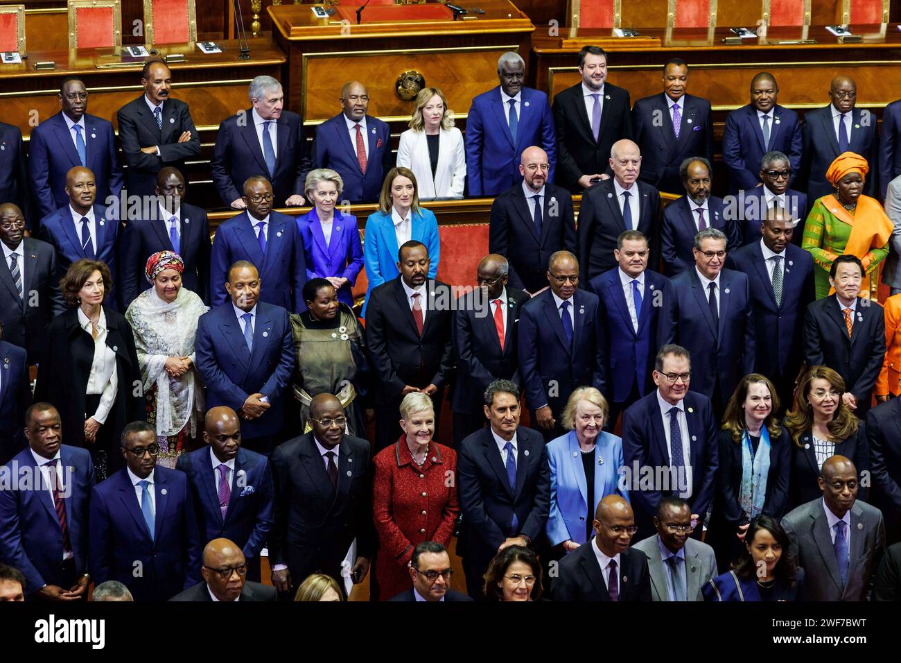 Italian Premier Giorgia Meloni, top center, poses with African leaders ...