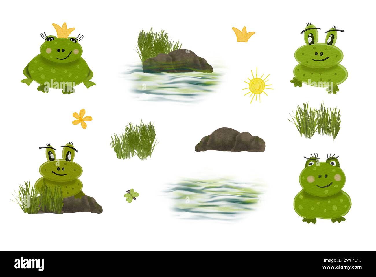 Set with funny frogs. A frog in a crown, stone, water and grass ...