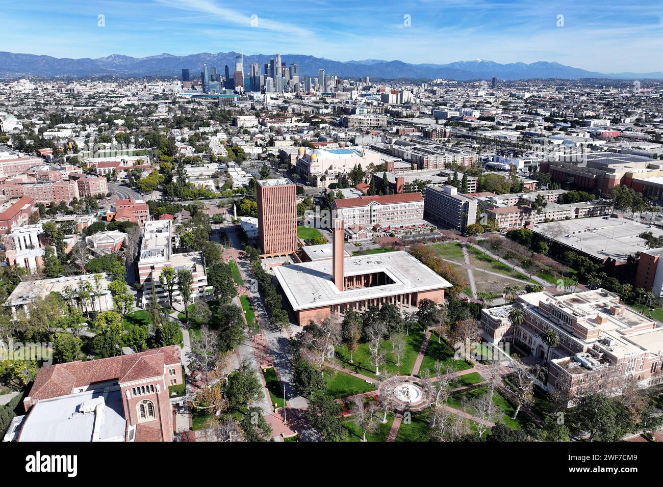 A general overall aerial view o the University of Southern California campus with downtown ...