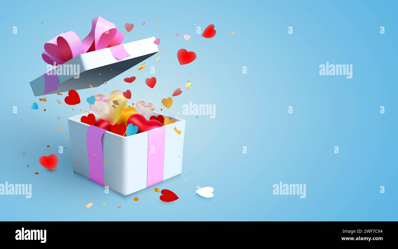 3d Present box explosion with hearts and confetti. Happy Valentines day ...
