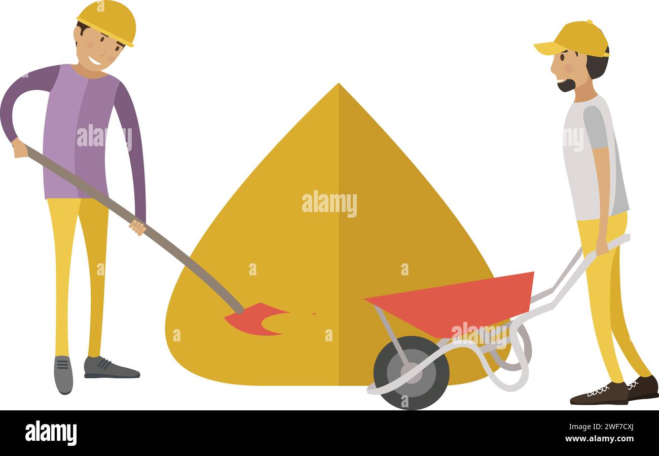 Team of workmen loading sand into wheelbarrow vector icon isolated on ...