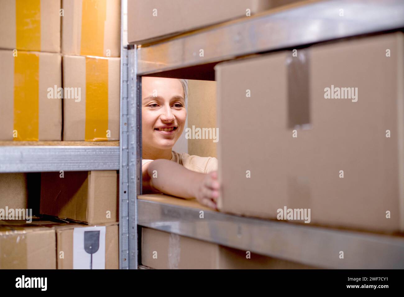A woman packs boxes, puts the box on the rack. Delivery of goods ...