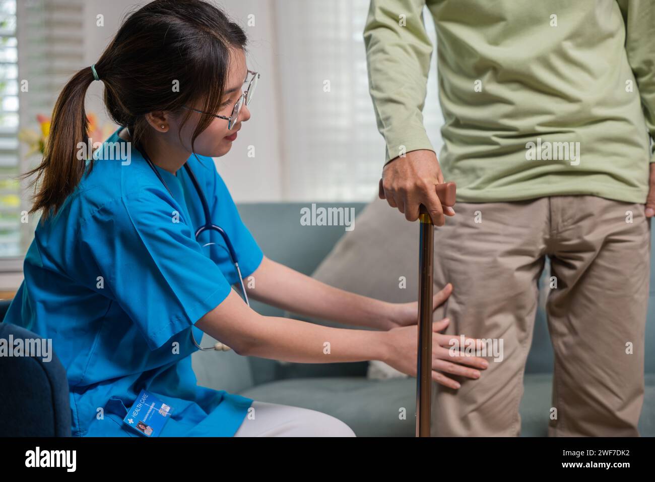 nurse checking knee and leg after surgery of senior old man patient suffering from pain in knee ...