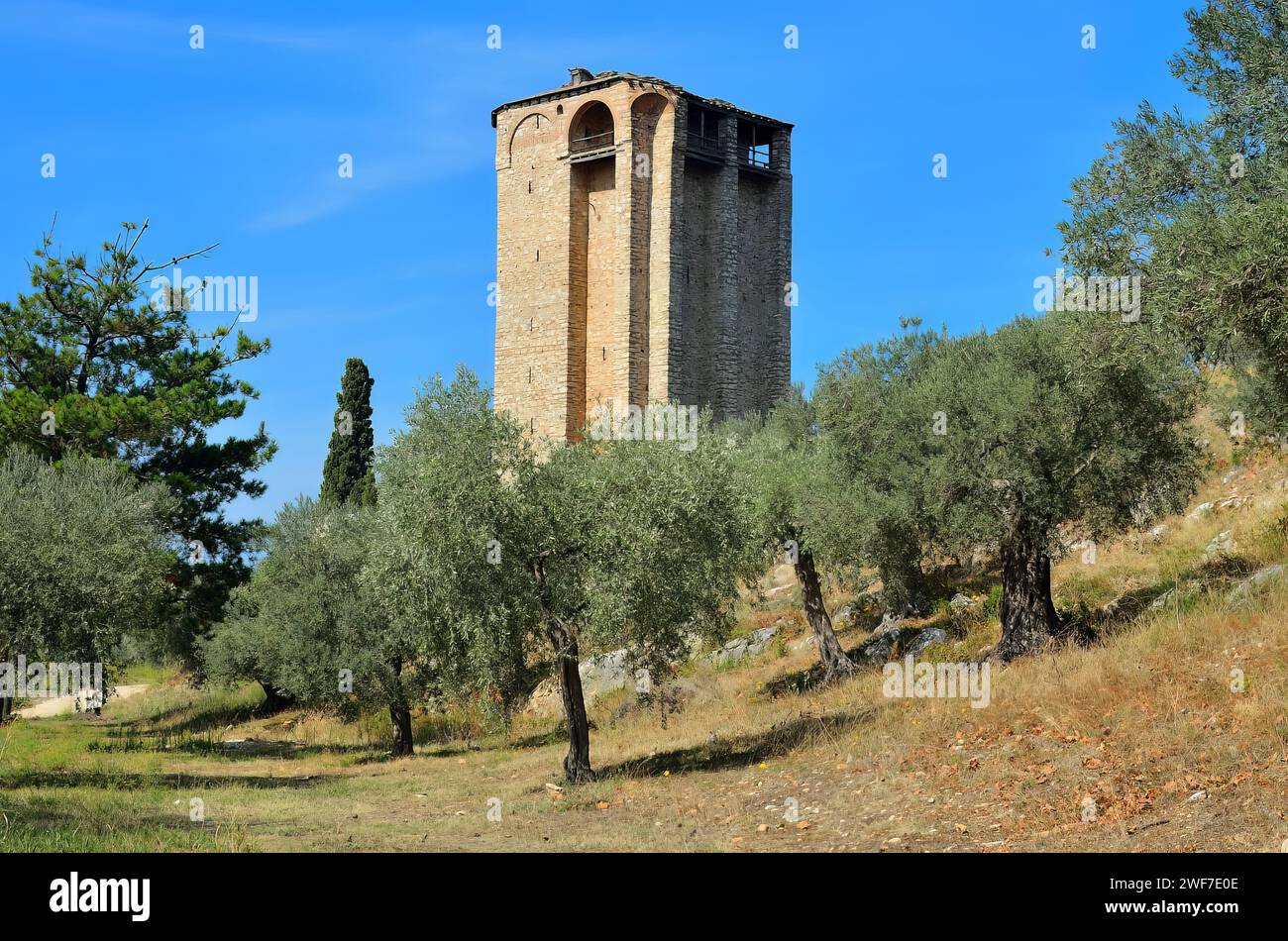A scenic view of the 4th Century King Milutin Tower, Hilandar monastery ...
