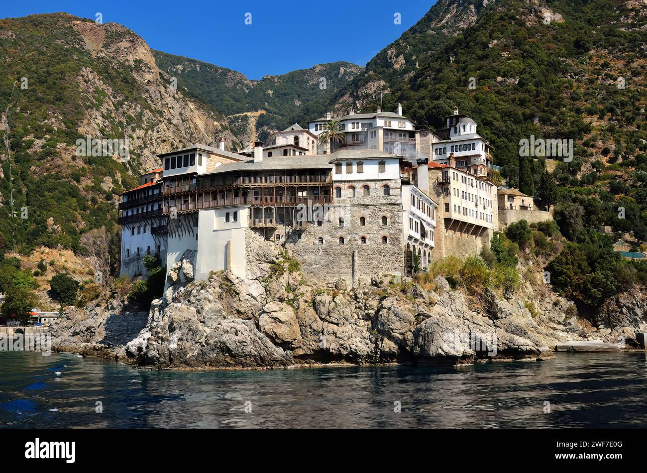 A scenic view of Osiou Gregoriou Monastery, Mount Athos, Greece Stock ...