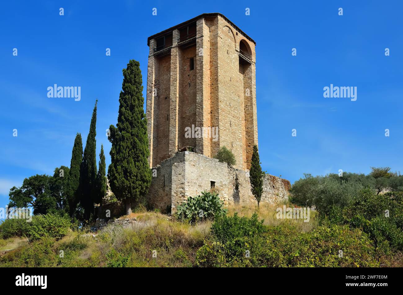 A scenic view of the 4th Century King Milutin Tower, Hilandar monastery ...