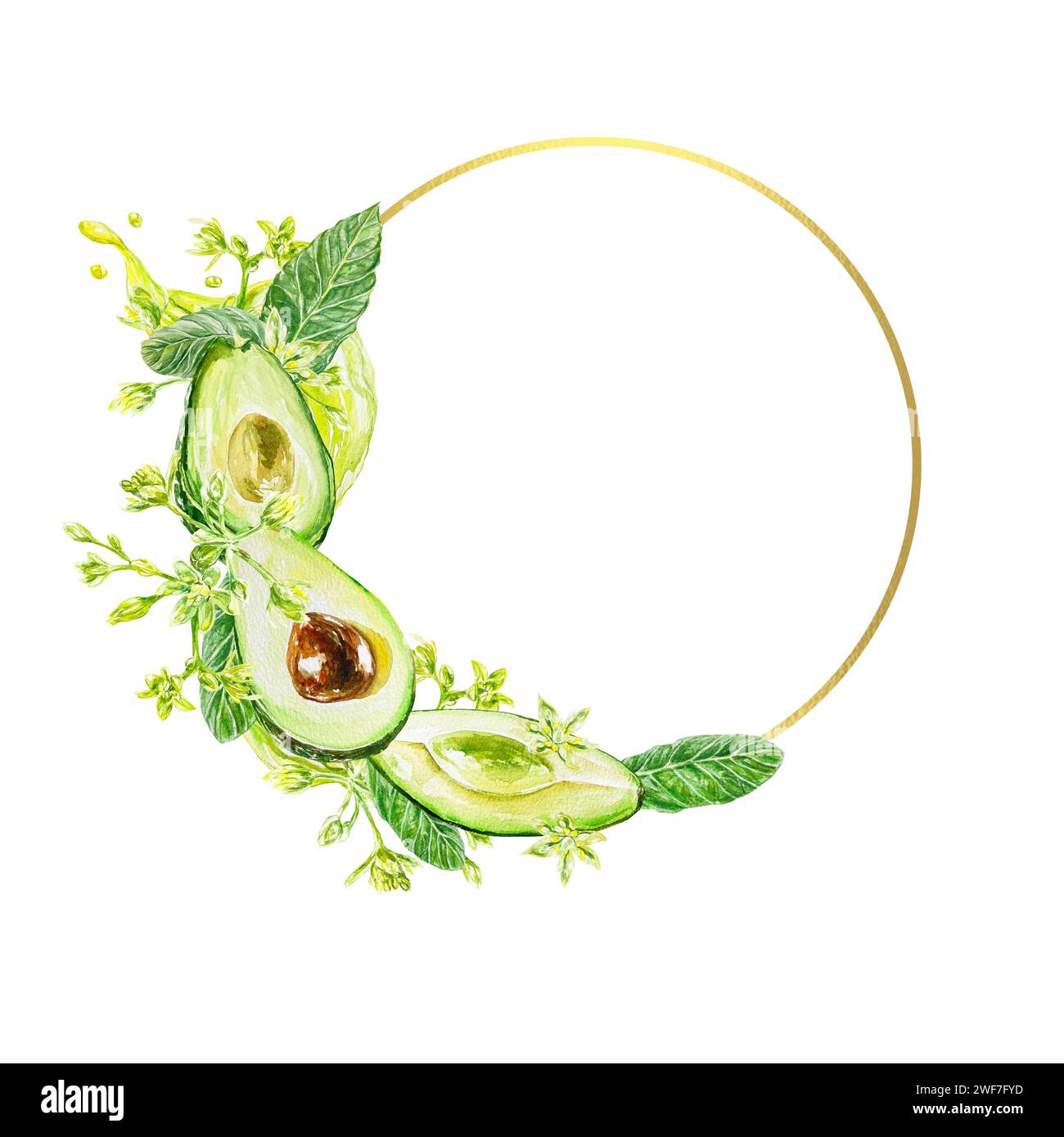 Avocado wreath with gold frame. Pieces, leaves, flowers. Watercolor ...