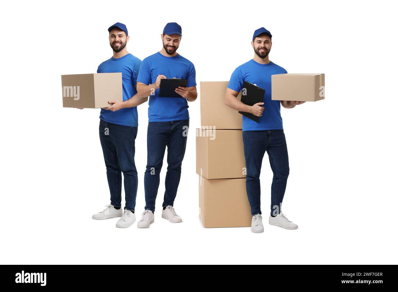 Delivery service. Happy courier with cardboard boxes on white ...