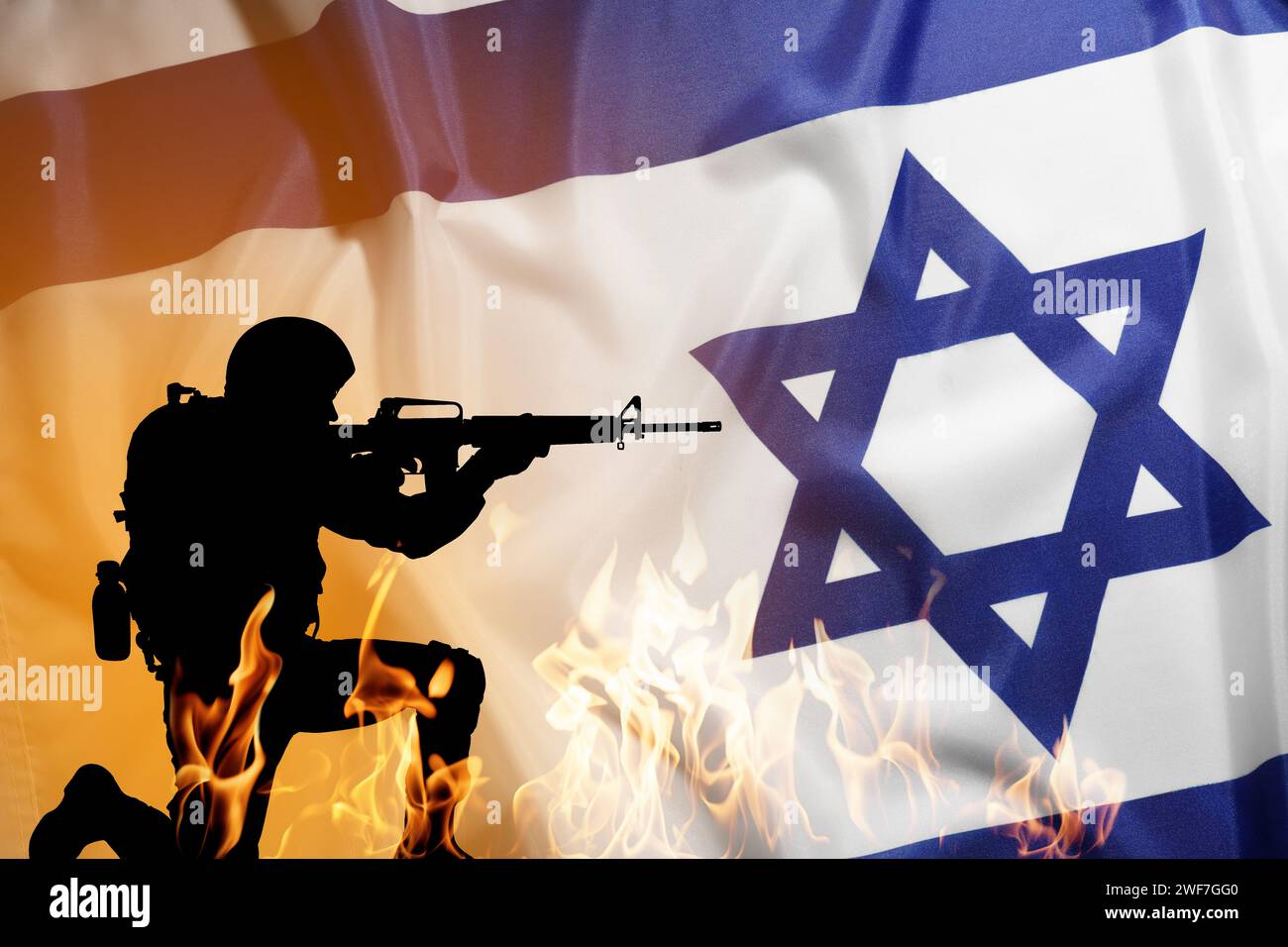 Silhouette of military, flag of Israel and flame, double exposure Stock ...