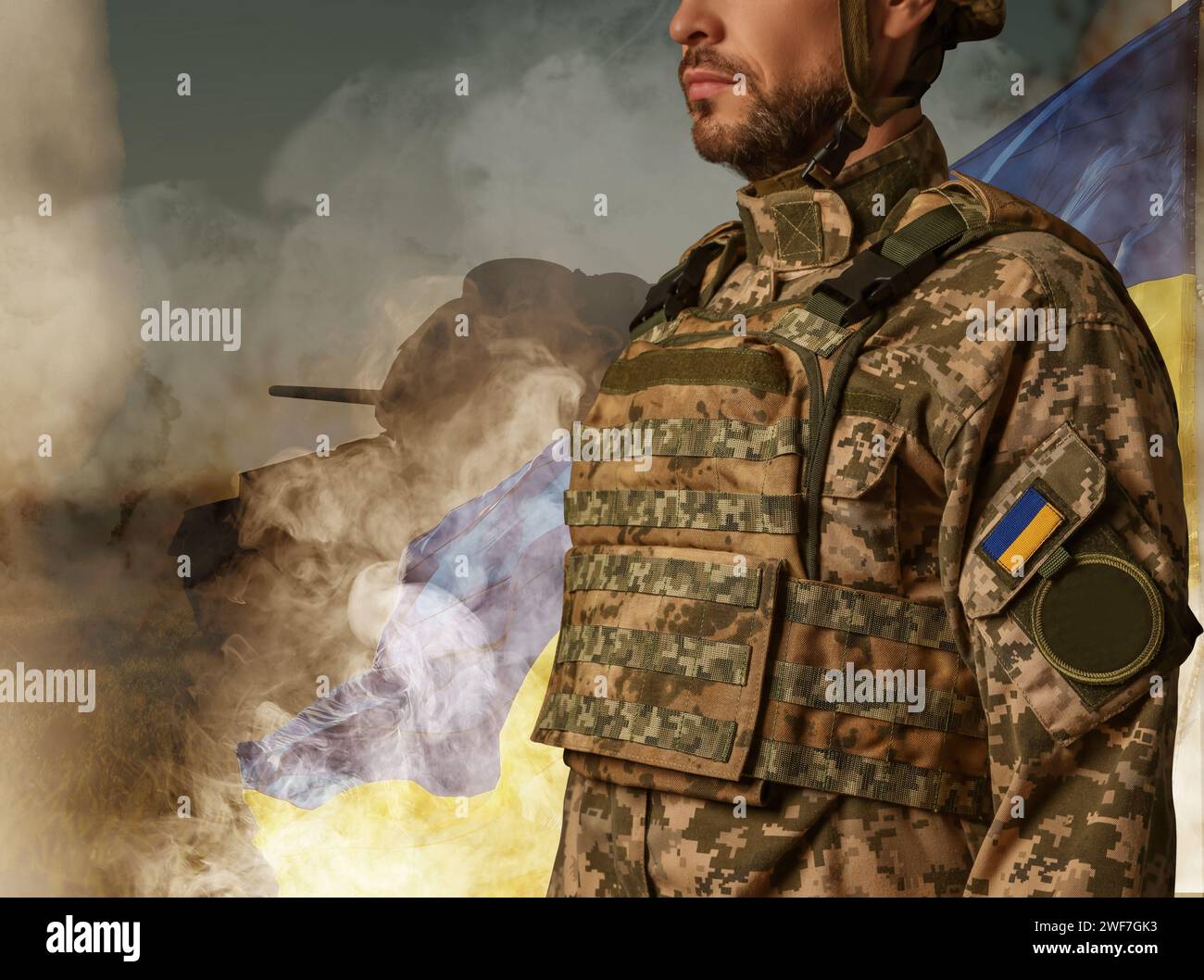 Military, flag of Ukraine and tank on battlefield Stock Photo - Alamy