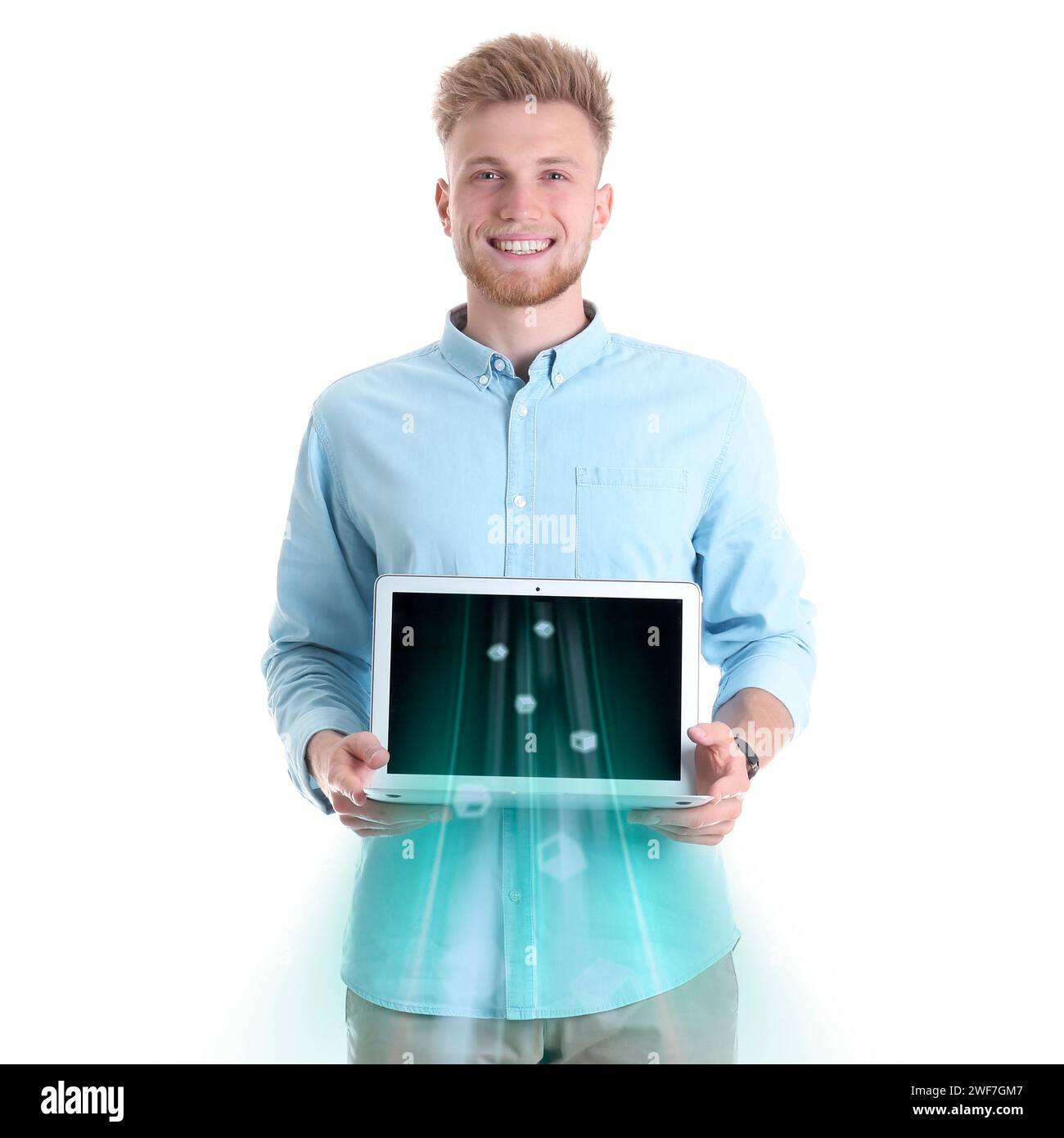 Speed internet. Man with laptop on white background. Motion blur effect ...