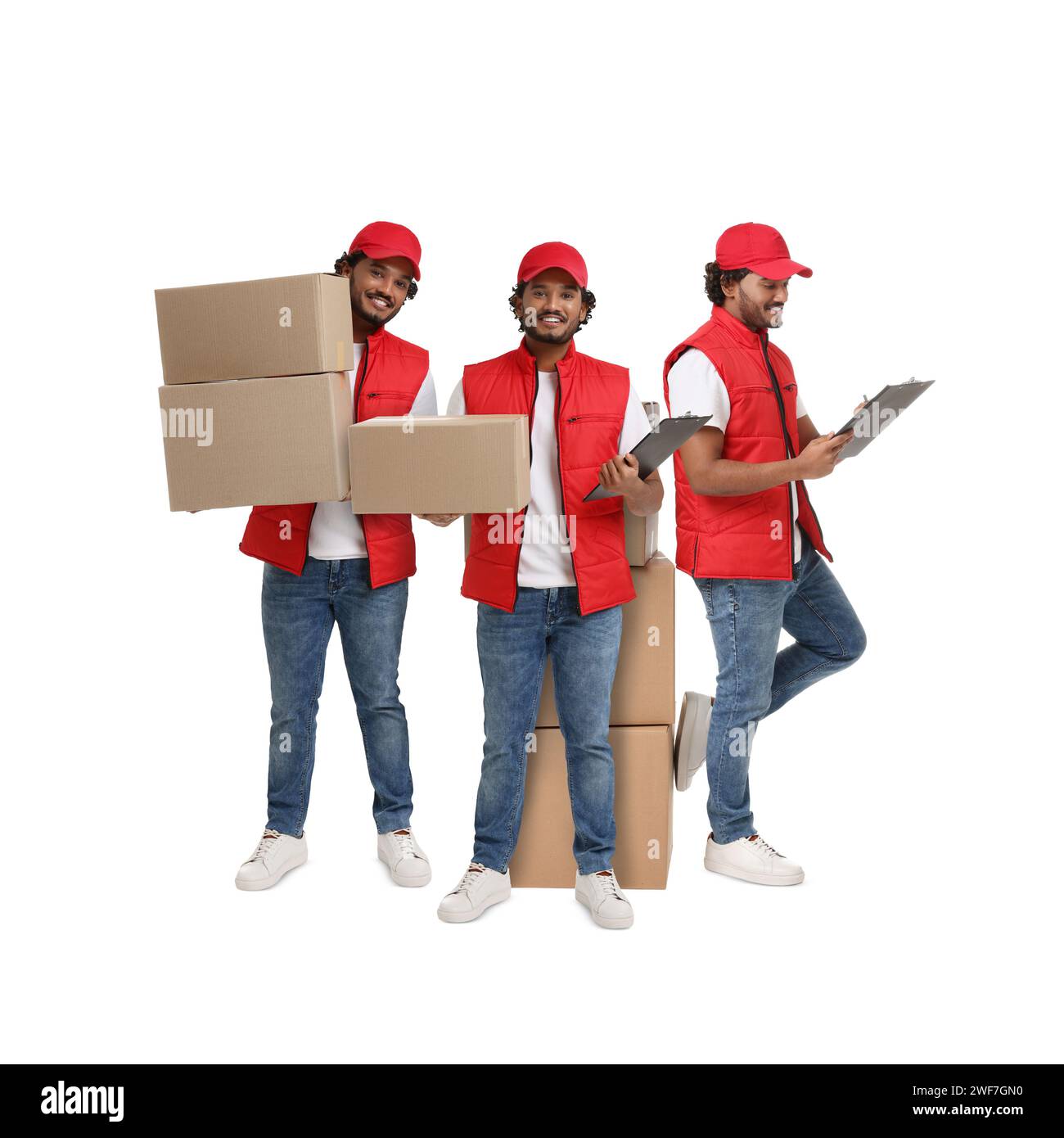 Delivery service. Happy courier with cardboard boxes on white ...