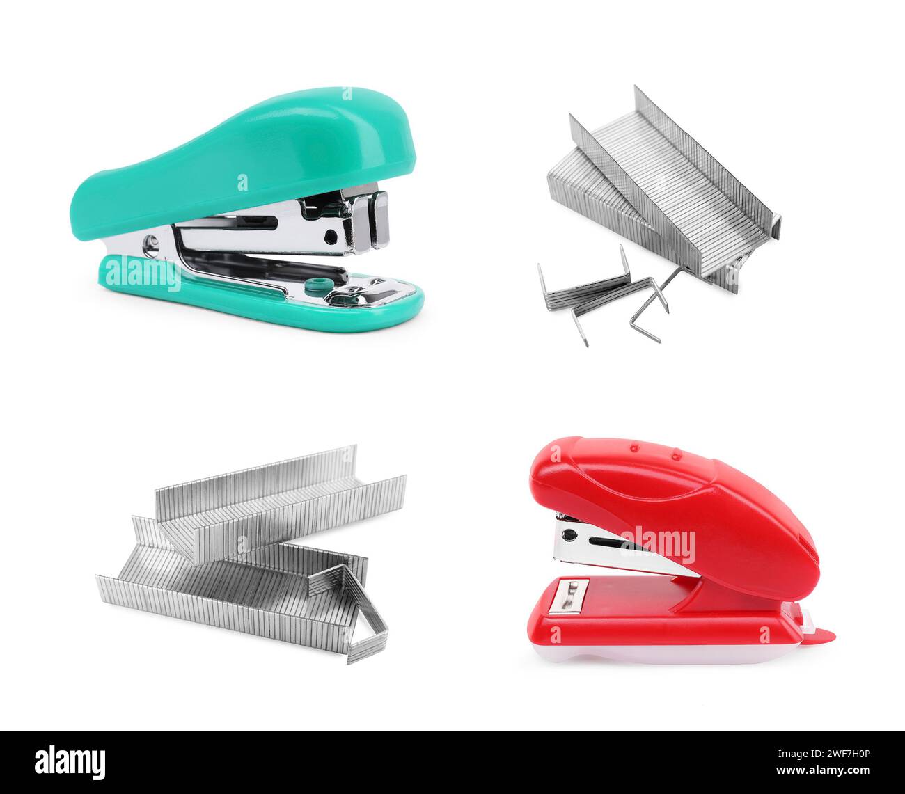 Different colorful staplers and fasteners isolated on white, collection ...
