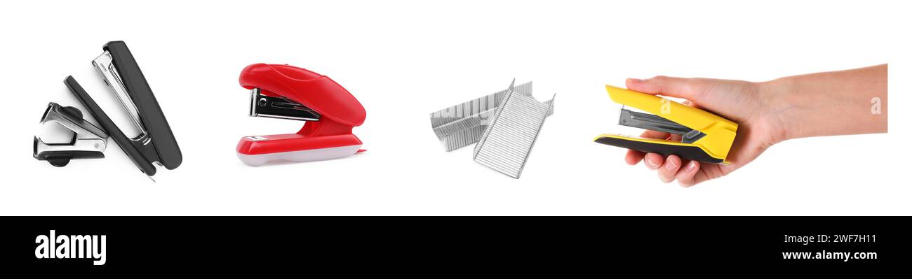 Different colorful staplers and fasteners isolated on white, collection ...