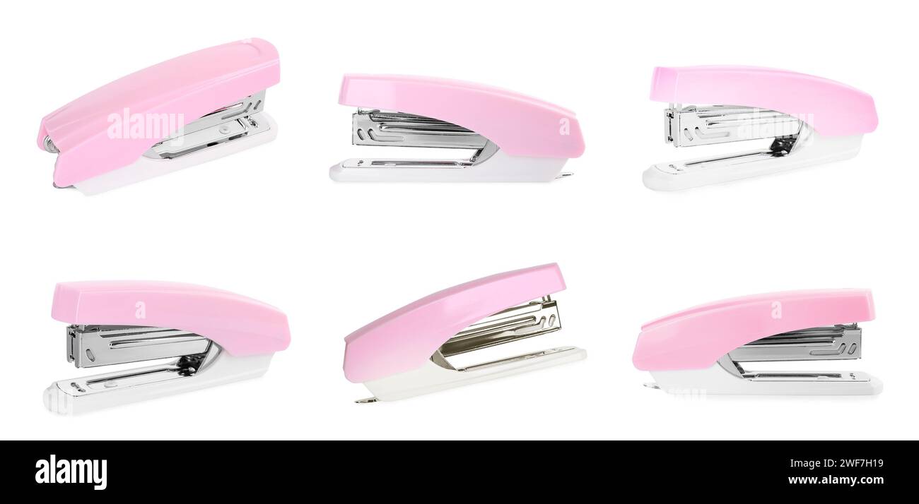 Pink stapler isolated on white, different sides Stock Photo - Alamy
