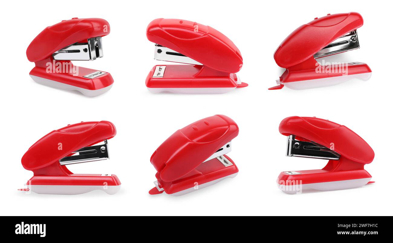 Red stapler isolated on white, different sides Stock Photo - Alamy