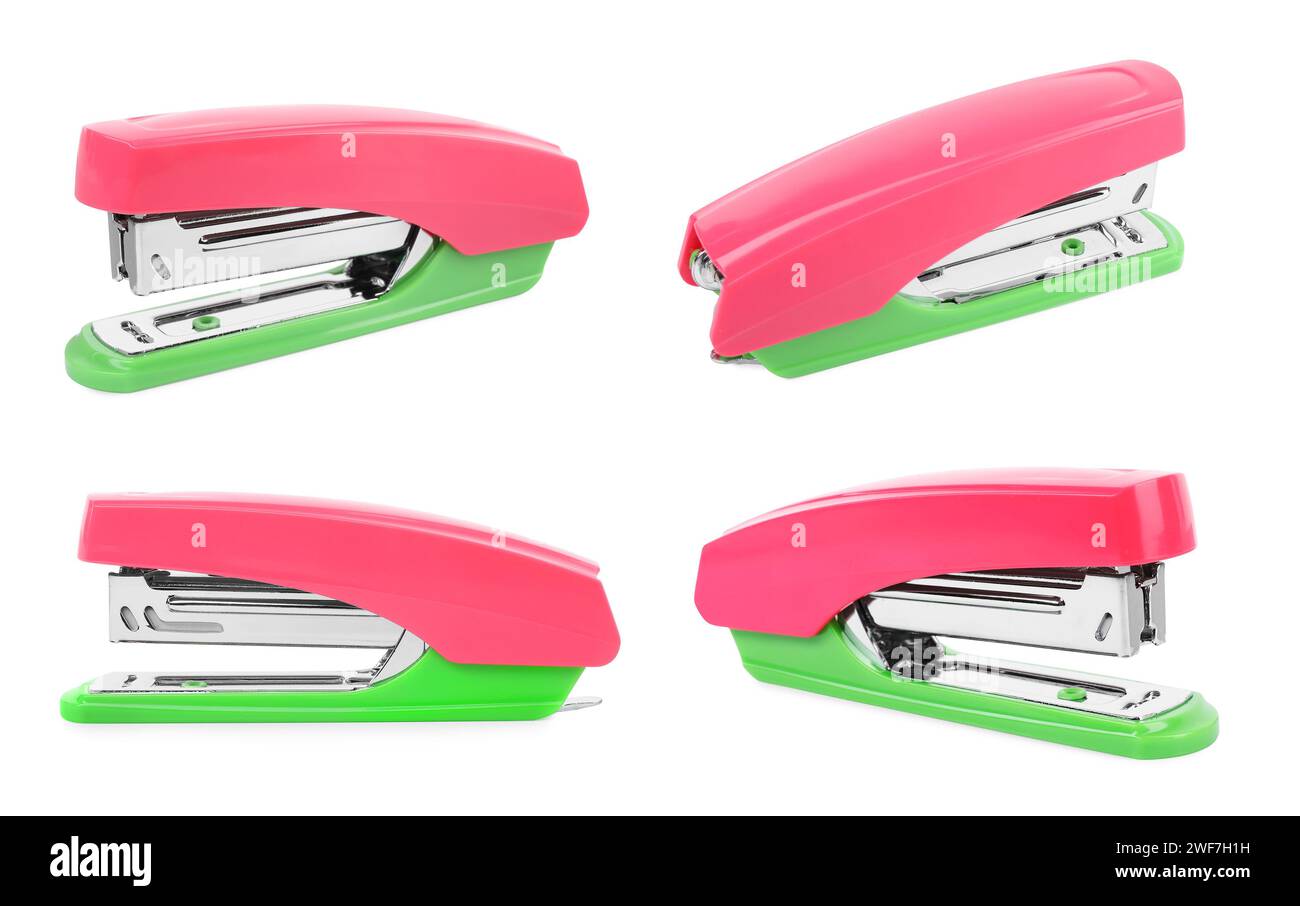 Pink and green stapler isolated on white, different sides Stock Photo ...