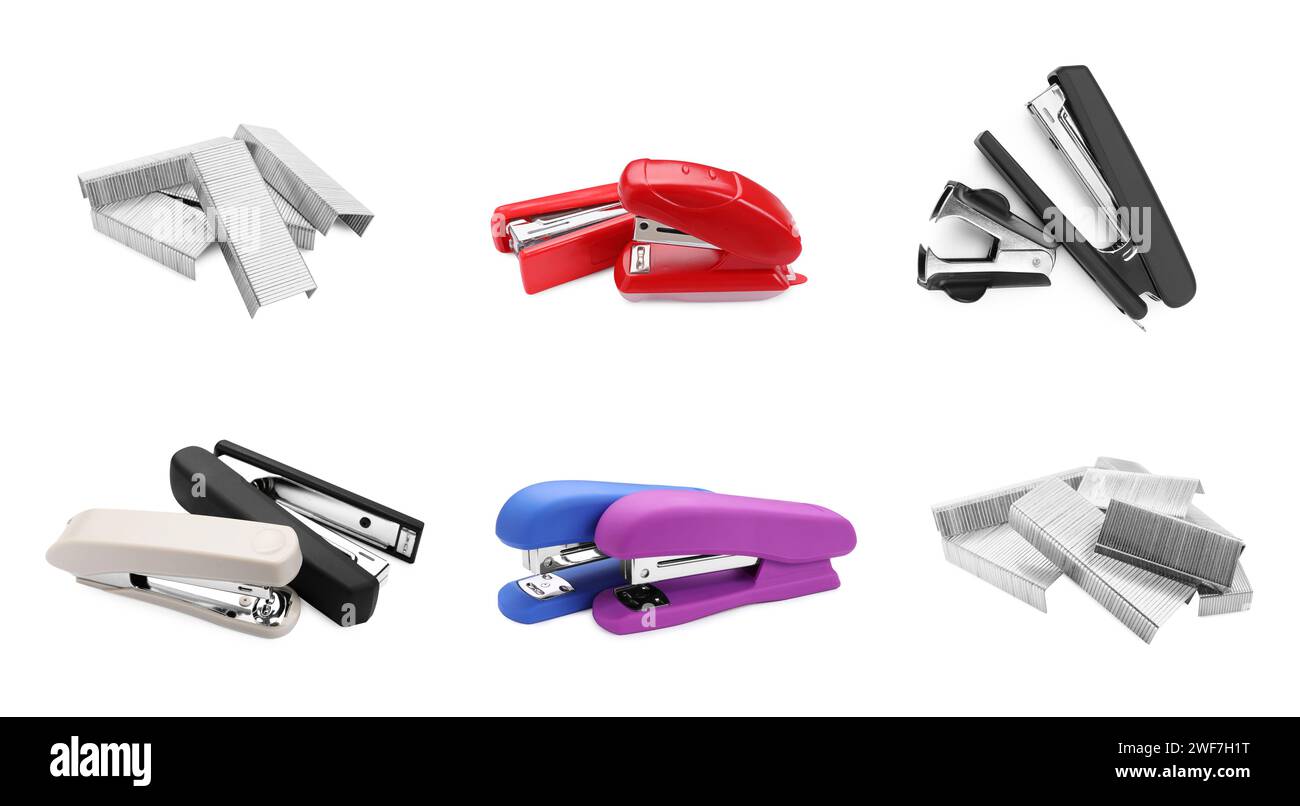 Different colorful staplers and fasteners isolated on white, collection ...
