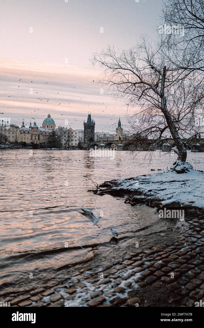 Vltava river in Prague, snowy winter, morning, panoramic city view ...