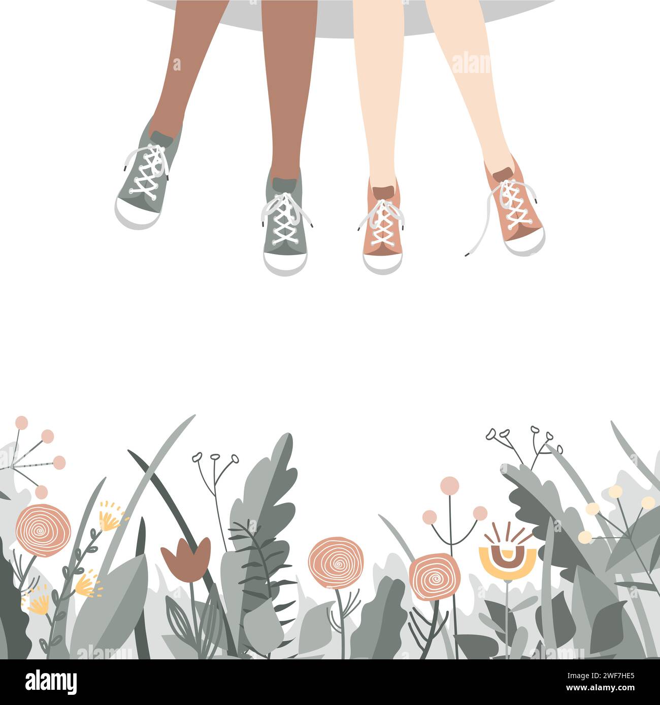 Doodle flowers and girl friends legs in sneakers. Spring or Summer ...