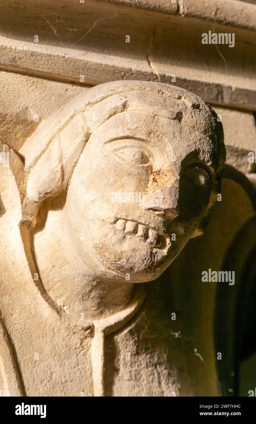 Carved stone head and face inside church of Saint Michael, Little ...
