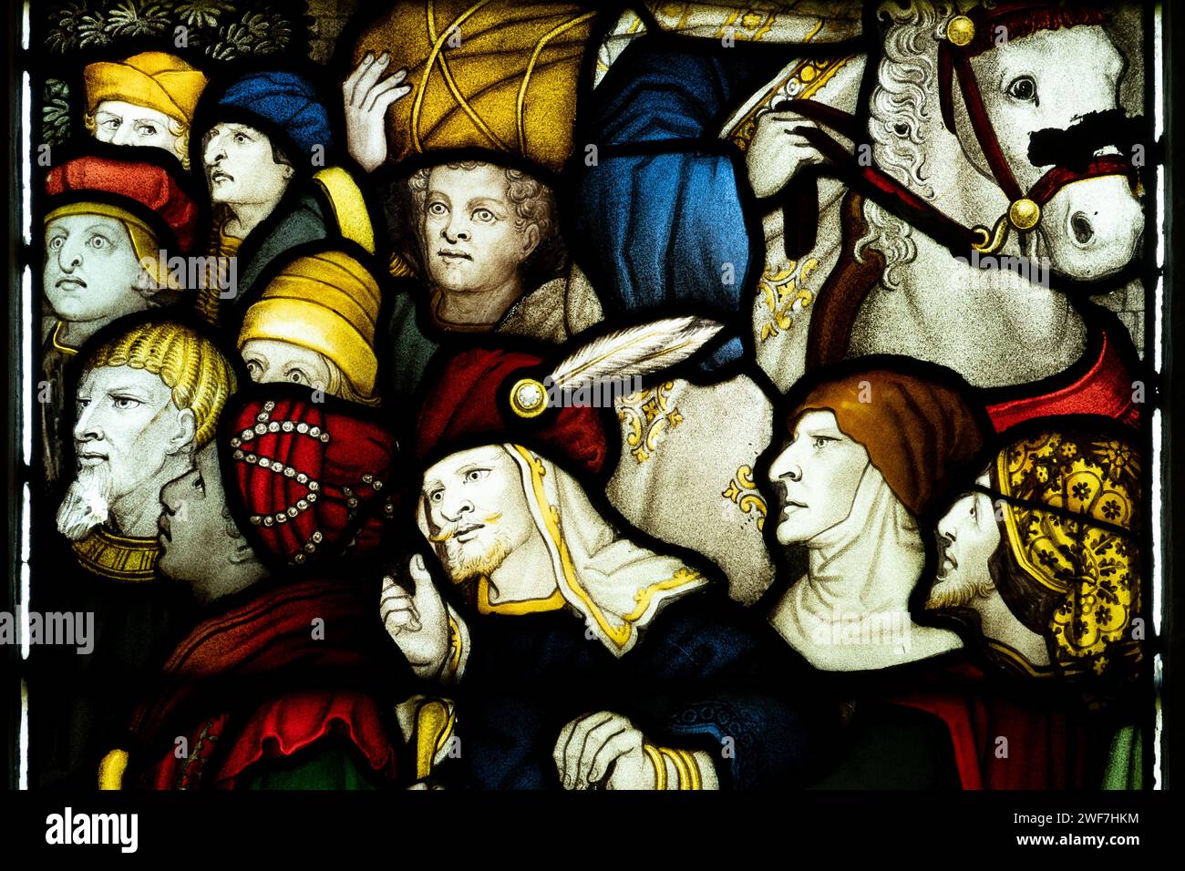 Faces stained glass in St. Mary`s Church, Barby, Northamptonshire ...