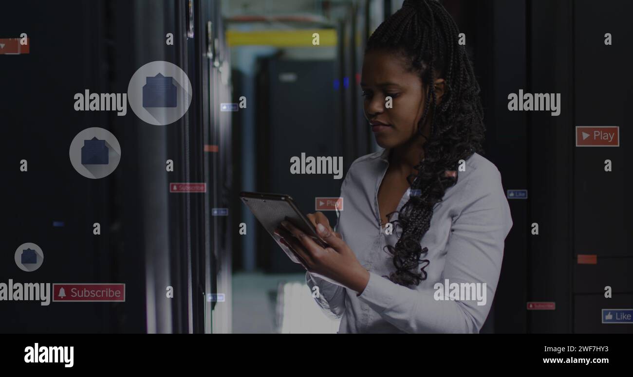 Image of social media icons and texts over african american ...